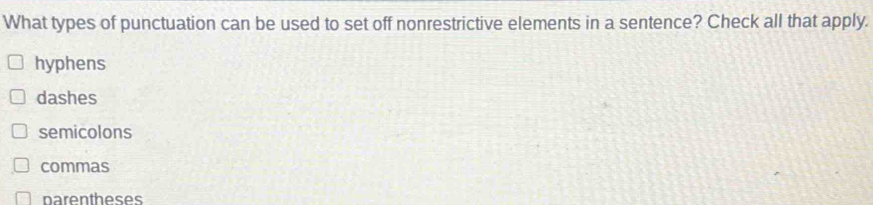 Solved: What types of punctuation can be used to set off nonrestrictive ...