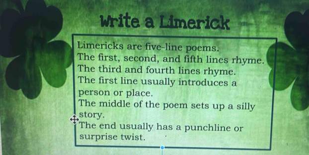 Solved: Write a Limerick Limericks are five-line poems. The first ...