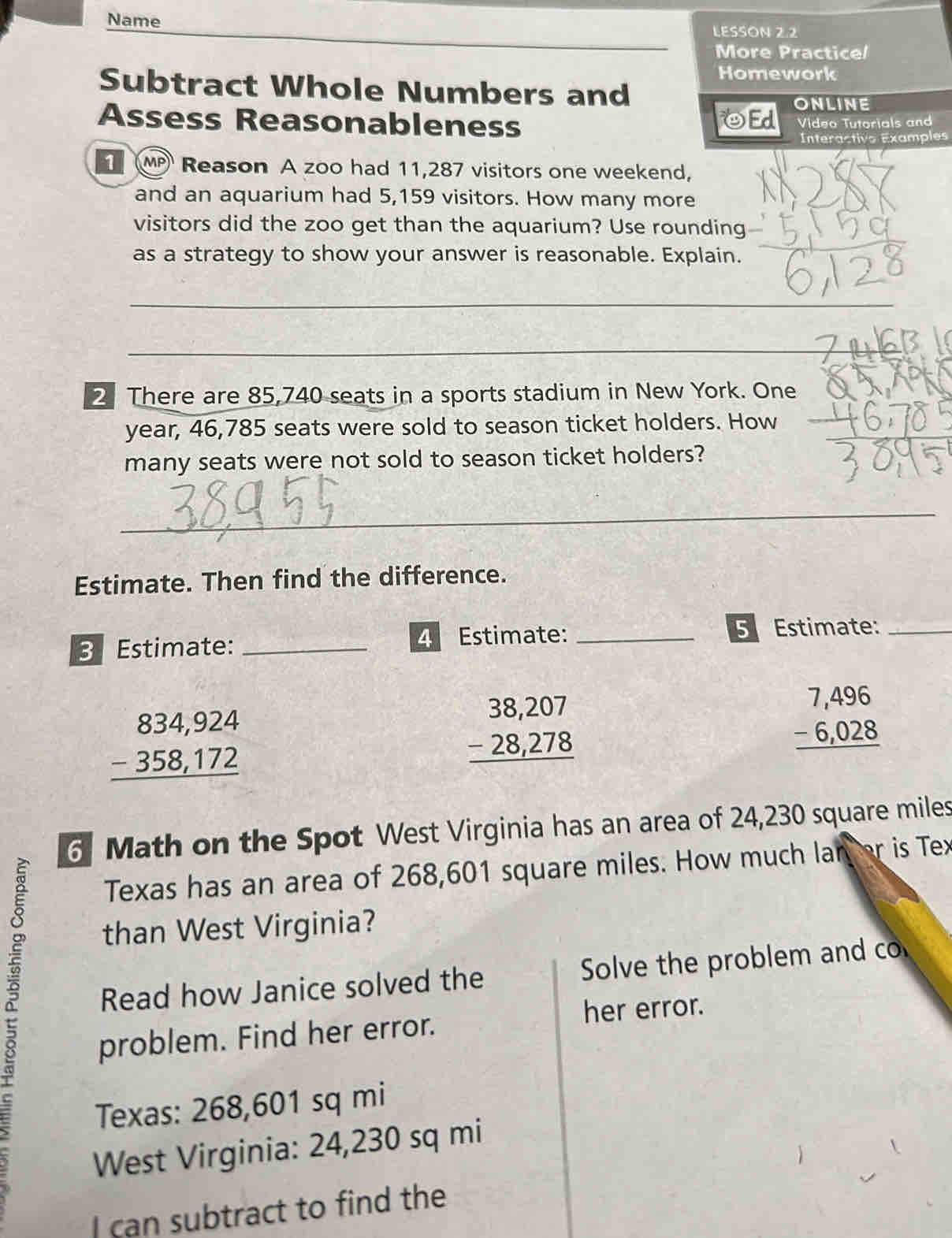 Solved: Name LESSON 2.2 More Practice/ Homework Subtract Whole Numbers ...