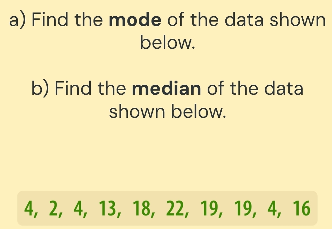 Solved: Find the mode of the data shown below. b) Find the median of ...