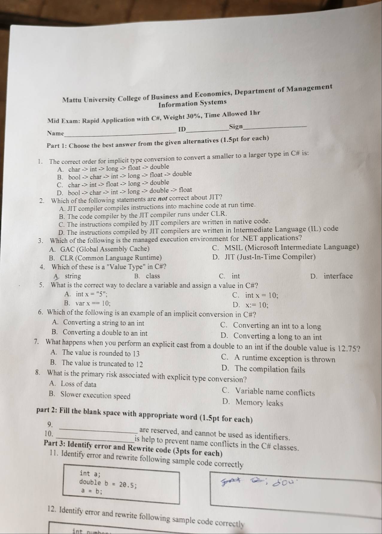 Résolu :Mattu University College of Business and Economics, Department ...