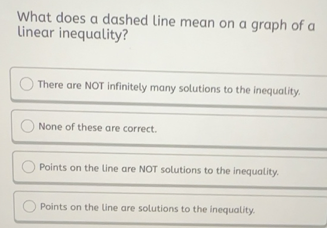 Solved: What does a dashed line mean on a graph of a linear inequality ...