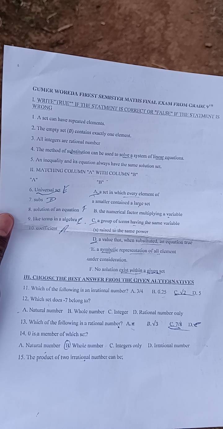 Gelöst:GÜMER WOREDA FIREST SEMISTER MATHS FINAL EXAM FROM GRADE 9 ...