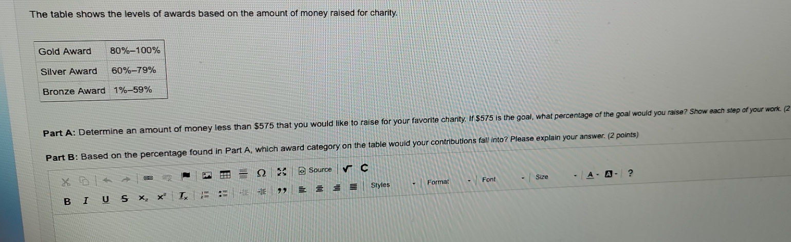 The table shows the levels of awards based on the amount of money ...