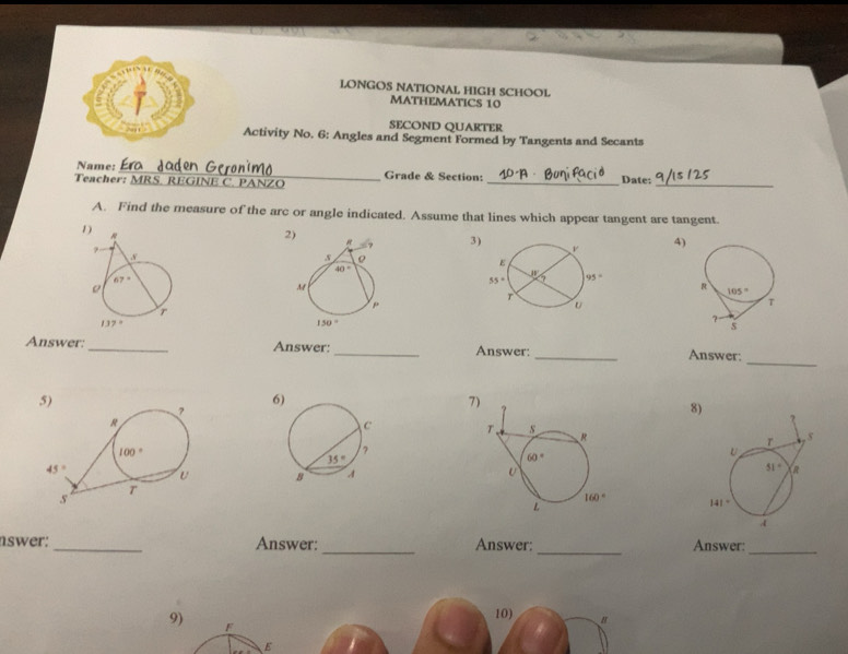Solved: LONGOS NATIONAL HIGH SCHOOL MATHEMATICS 10 SECOND QUARTER ...