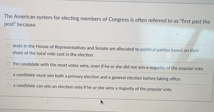 Solved: The American system for electing members of Congress is often ...