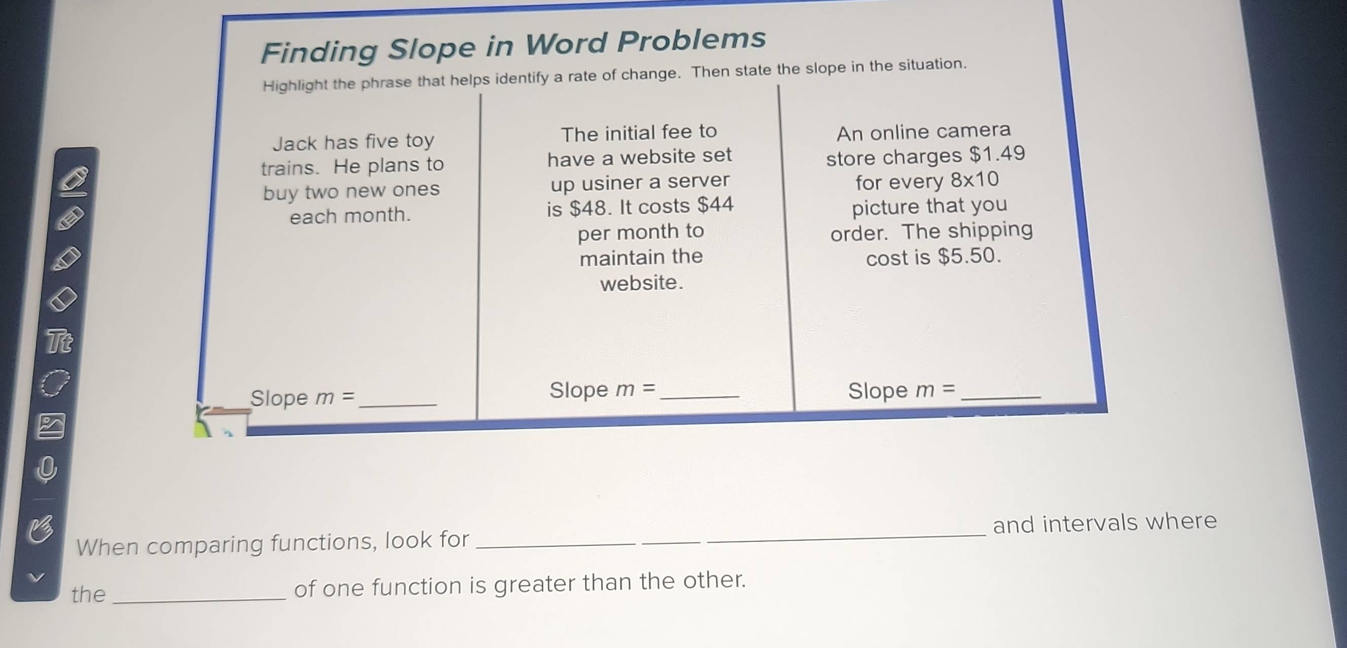 Solved: Finding Slope in Word Problems Highlight the phrase that helps ...