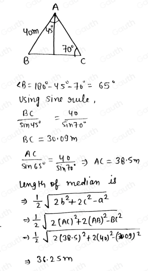 Solved: In triangle ABC, angle C=70°; angle A=45°; AB=40m. What is the length of the median ...