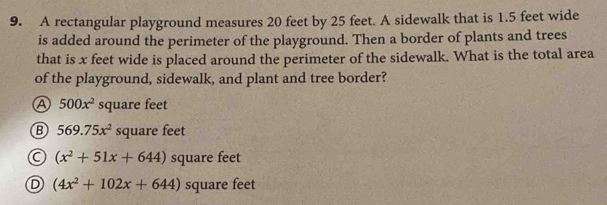 Solved: A rectangular playground measures 20 feet by 25 feet. A sidewalk that is 1.5 feet wide ...