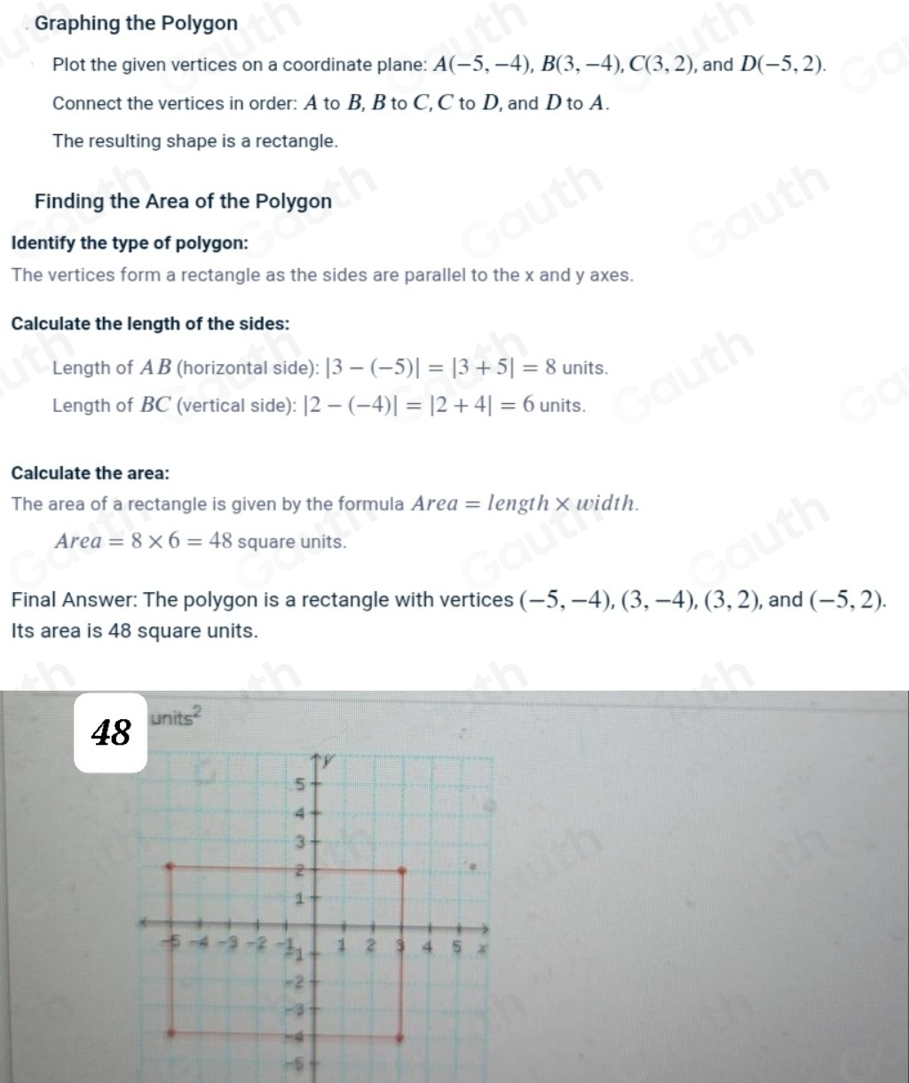 Solved: Graph the polygon with vertices (-5,-4), (3,-4), (3,2) , and ...
