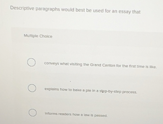 Solved: Descriptive paragraphs would best be used for an essay that ...