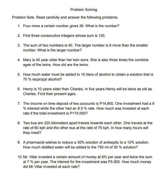 Solved: Problem Solving Problem Sets. Read carefully and answer the ...