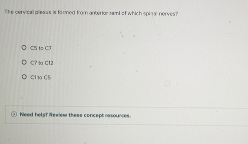 Solved: The cervical plexus is formed from anterior rami of which ...