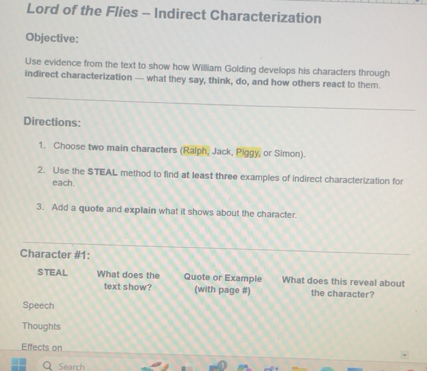 Solved: Lord of the Flies - Indirect Characterization Objective: Use ...
