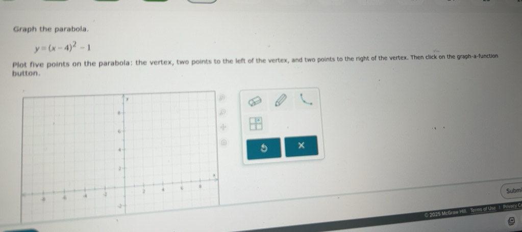 Solved: Graph the parabola. y=(x-4)^2-1 Plot five points on the ...