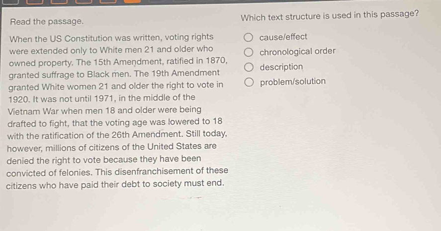 Solved: Read the passage. Which text structure is used in this passage ...