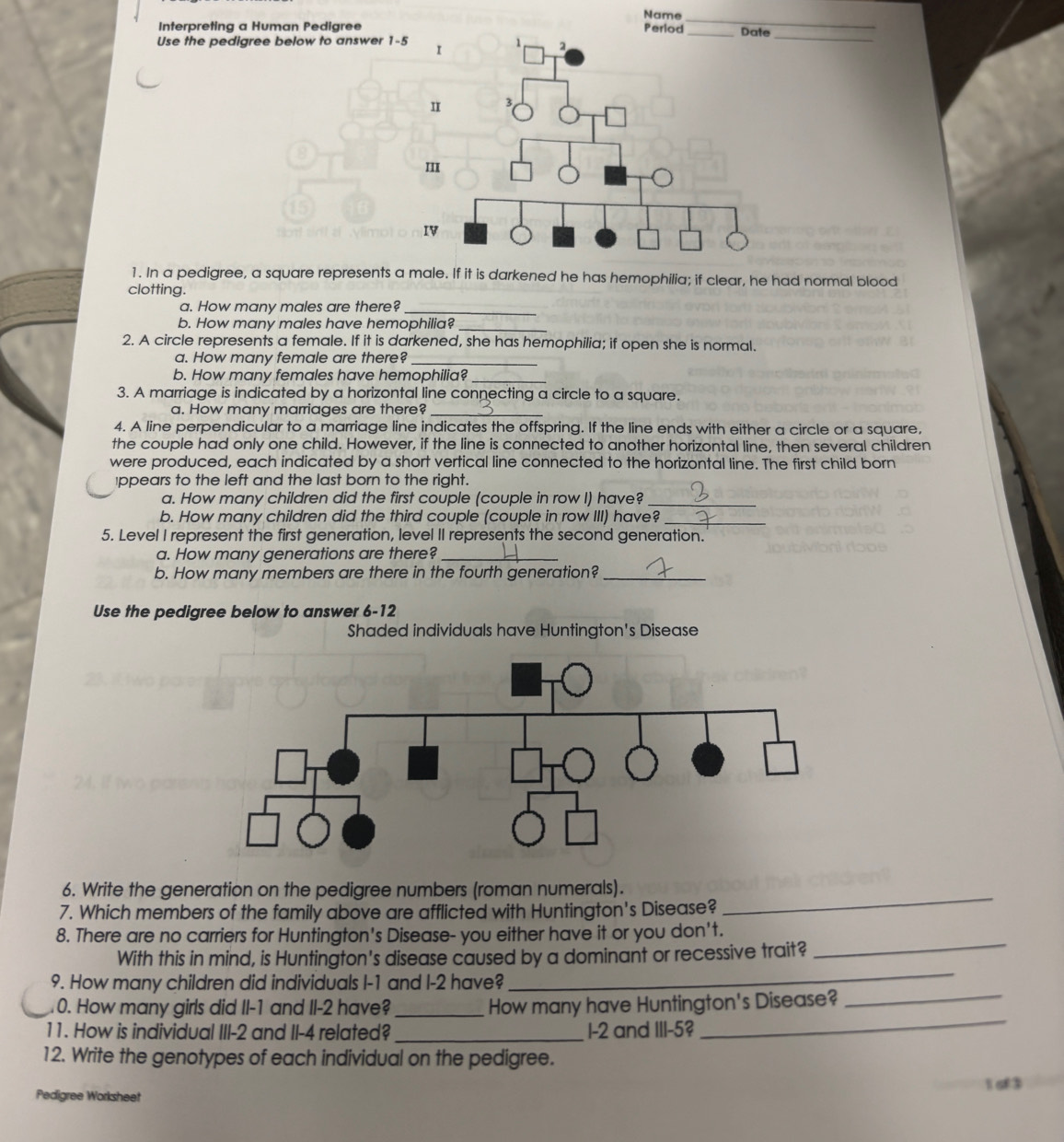 Solved: Name_ Interpreting a Human Pedigree Period _Da Use the pedigree ...