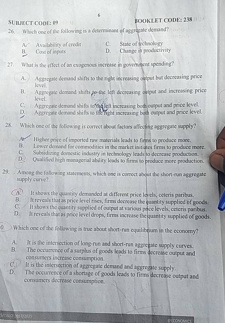 Résolu :SUBJECT CODE: 09 BOOKLET CODE: 238 26. Which one of the ...