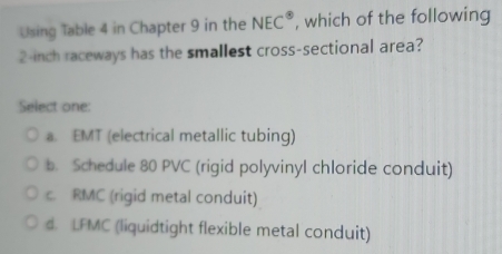 Solved: Using Table 4 in Chapter 9 in the NEC^(ast) , which of the ...