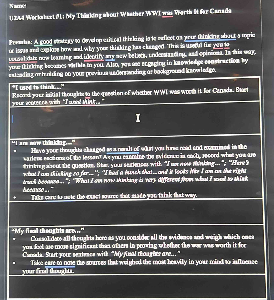 Solved: Name: U2A4 Worksheet #1: My Thinking about Whether WWI was ...
