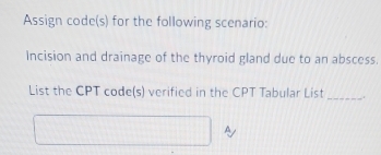 Solved: Assign code(s) for the following scenario: Incision and drainage of the thyroid gland ...