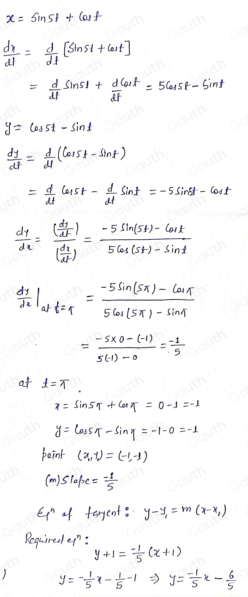 Solved: Consider the following parametric curve. x=sin (5t)+cos (t), y=cos (5t)-sin (t) Find dy ...