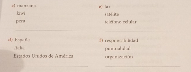 manzana e) fax kiwi satélite pera teléfono celular _ _ d) España f ...