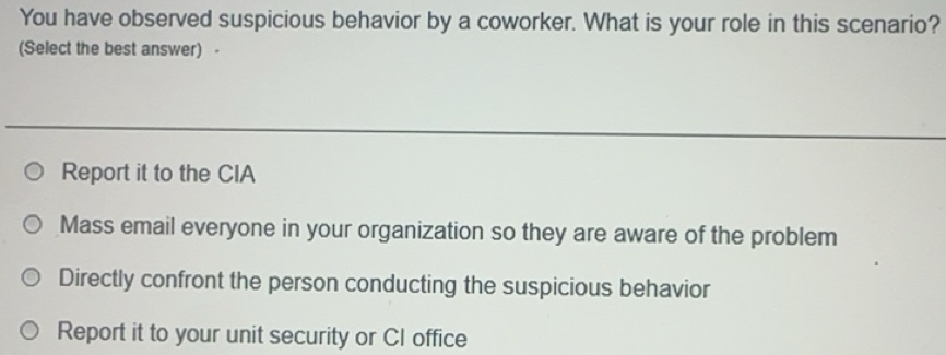 Solved: You have observed suspicious behavior by a coworker. What is ...
