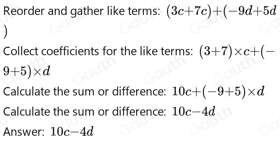 Solved: Simplify 3c-9d+7c+5d [Math]