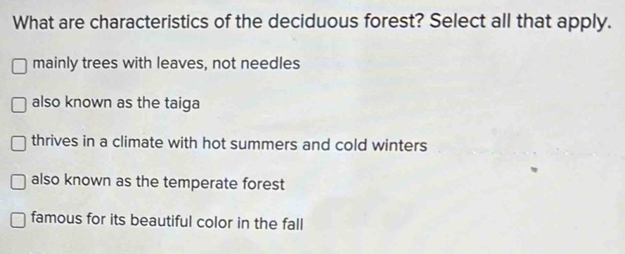 Solved: What are characteristics of the deciduous forest? Select all ...