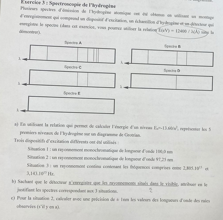 Résolu :Spectroscopie de l’hydrogène Plusieurs spectres d'émission de l ...