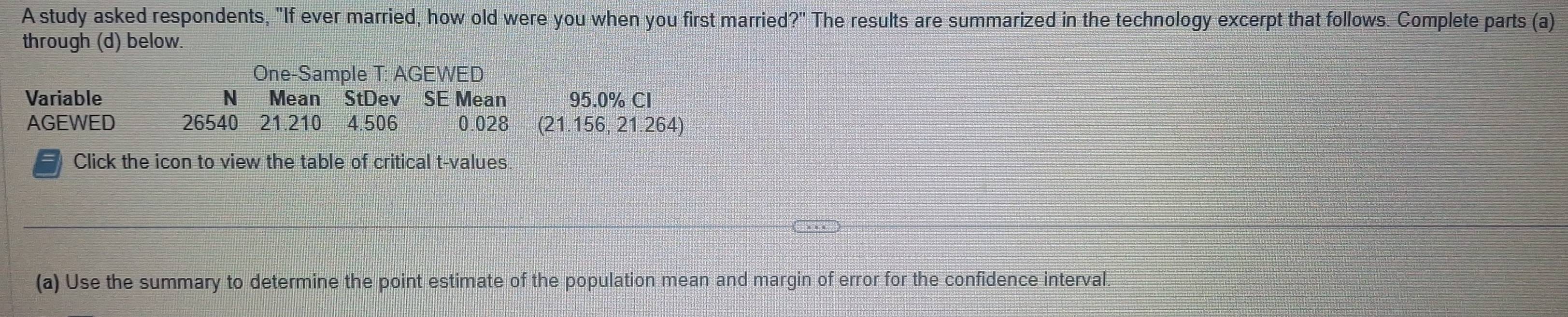 Solved: A study asked respondents, "If ever married, how old were you ...