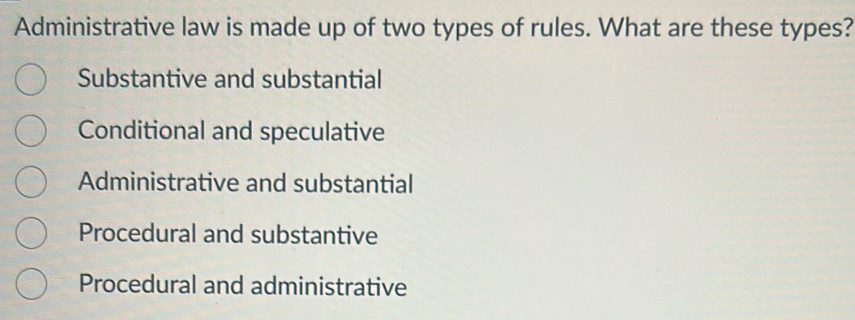 Solved: Administrative law is made up of two types of rules. What are ...