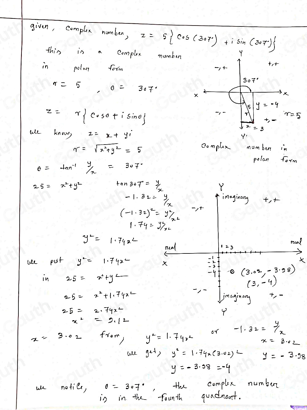 Solved: Consider the complex number z=5(cos (307°)+isin (307°)). Plot z in the complex plane ...