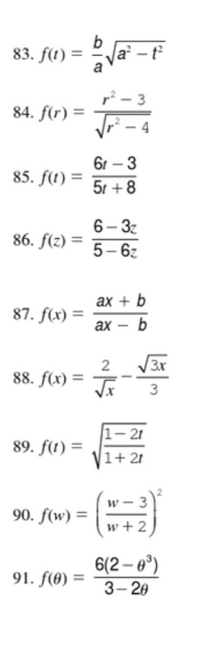 Resuelto:f(t)= b/a sqrt(a^2-t^2) 84. f(r)= (r^2-3)/sqrt(r^2-4) 85. f(t ...
