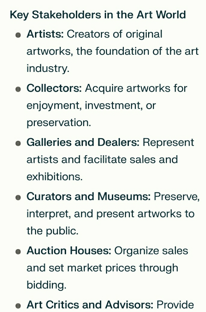 Solved: Key Stakeholders in the Art World Artists: Creators of original ...