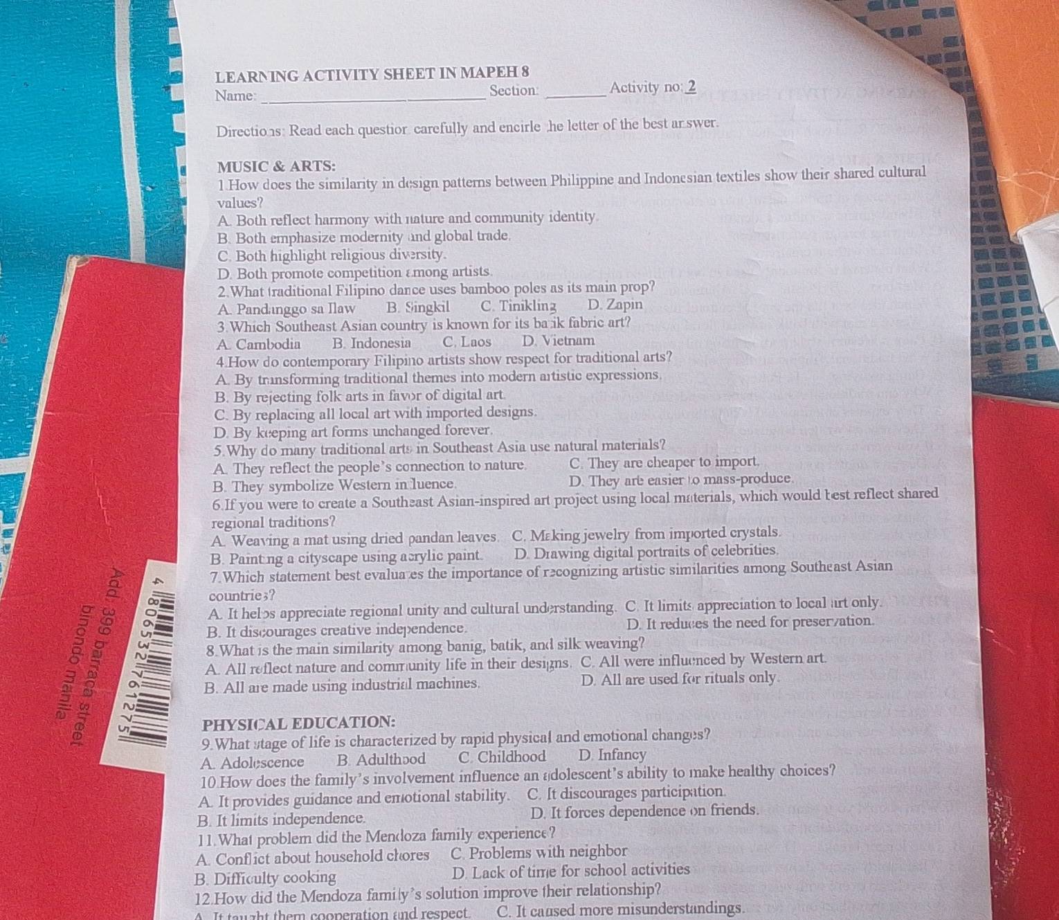 Solved: LEARNING ACTIVITY SHEET IN MAPEH 8 Name: _Section: _Activity no ...