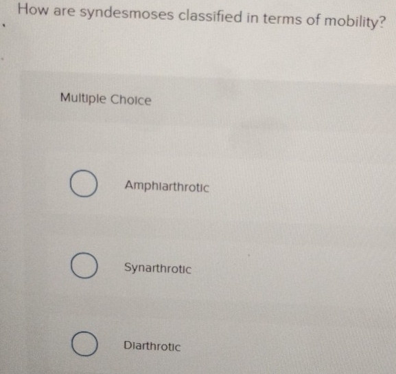 Solved: How are syndesmoses classified in terms of mobility? Multiple ...
