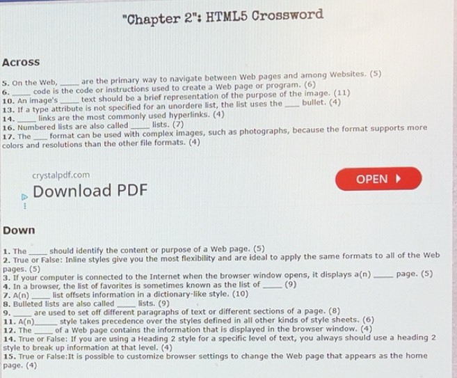 Solved: "Chapter 2 : HTML5 Crossword Across 5. On the Web,_ are the primary way to navigate betw ...