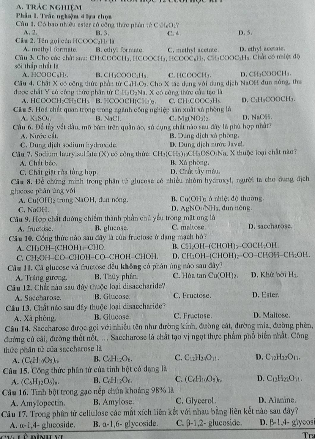 Giải quyết:trác nghiệm Phần I. Trắc nghiệm 4 lựa chọn Câu 1. Có bao ...