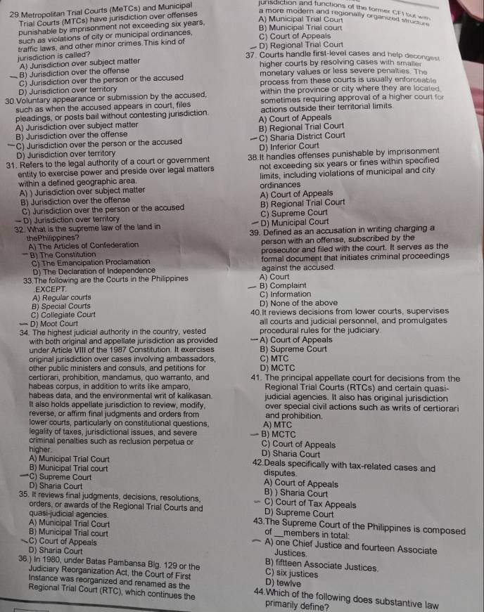Solved: Metropolitan Trial Courts (MeTCs) and Municipal junsdiction and ...