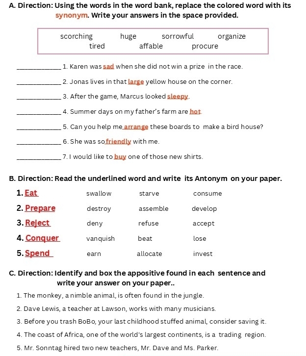 Solved: Direction: Using the words in the word bank, replace the ...