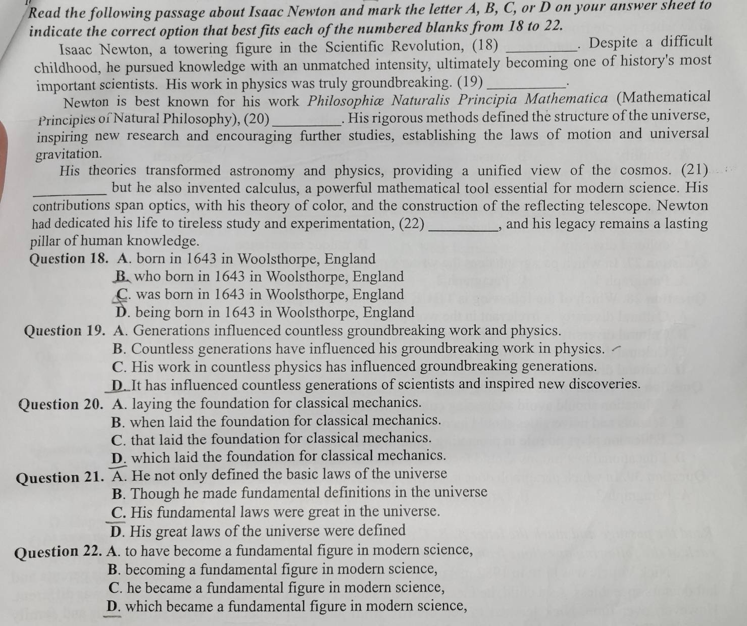 Giải quyết:Read the following passage about Isaac Newton and mark the ...