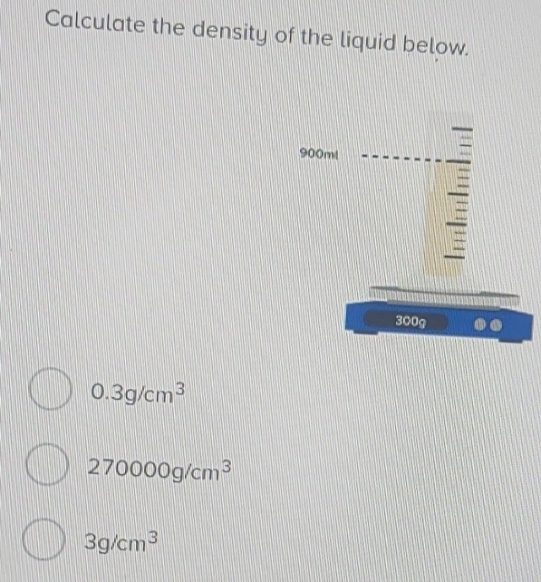 Solved: Calculate the density of the liquid below. 900ml 300g 0.3g/cm^3 ...