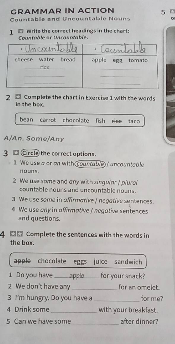 Resuelto:GRAMMAR IN ACTION 5 * Countable and Uncountable Nouns 1 Write ...