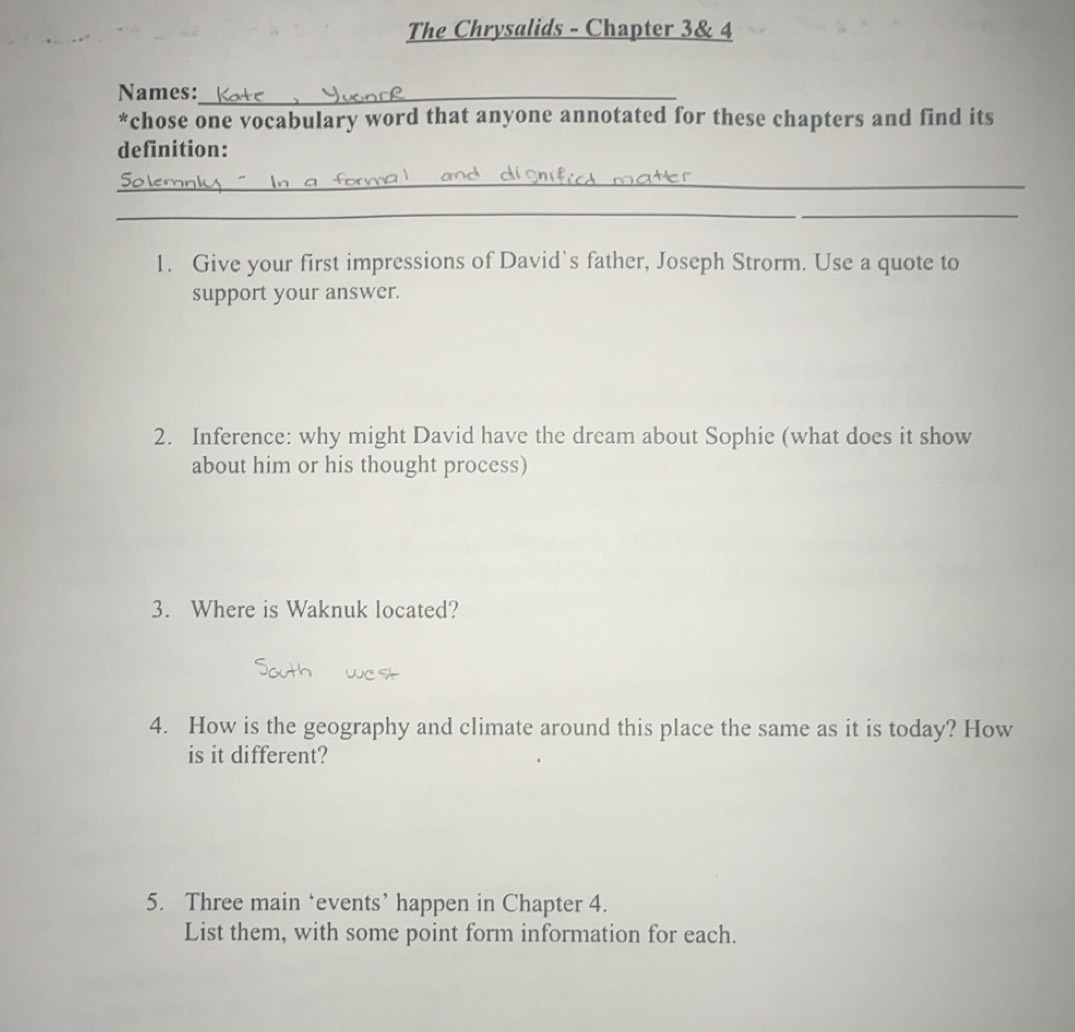 Solved: The Chrysalids - Chapter 3& 4 Names:_ *chose one vocabulary ...