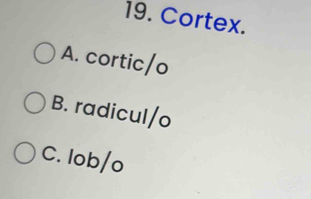 Solved: Cortex. A. cortic/o B. radicul/ o C. lob/o [Biology]