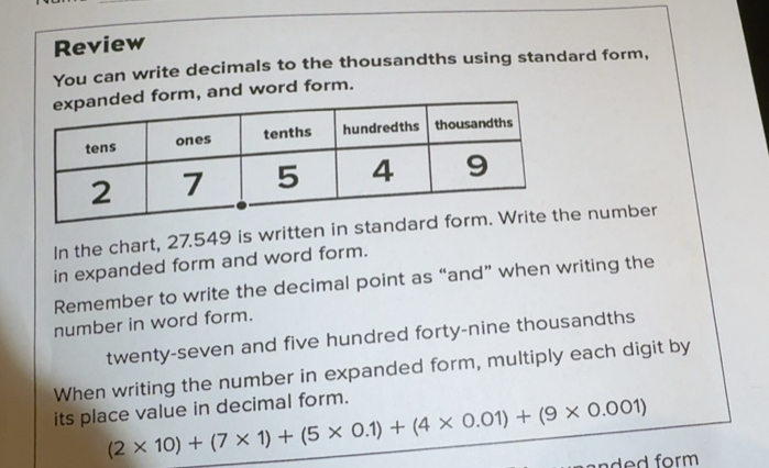 تم الحل:Review You can write decimals to the thousandths using standard ...