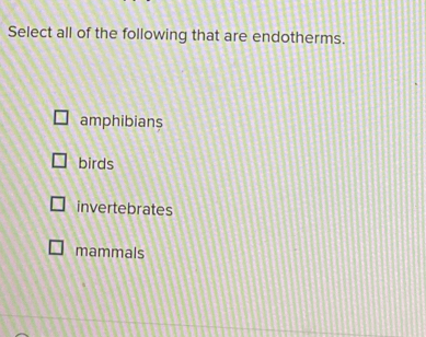 Solved: Select all of the following that are endotherms. amphibians ...