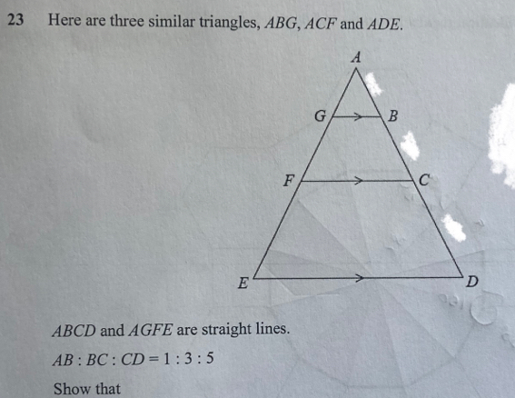 Solved: Here are three similar triangles, ABG, ACF and ADE. ABCD and AGFE are straight lines. AB ...
